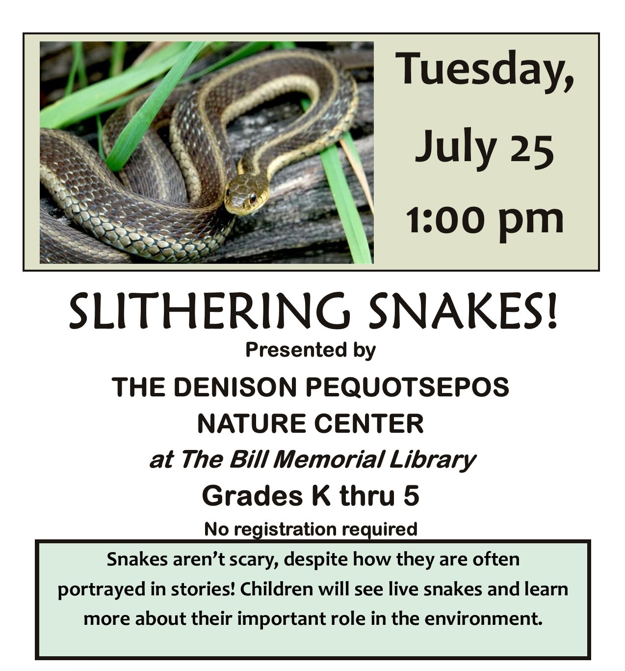 2023 Snakes Are Slithering to the Library! - BILL MEMORIAL LIBRARY