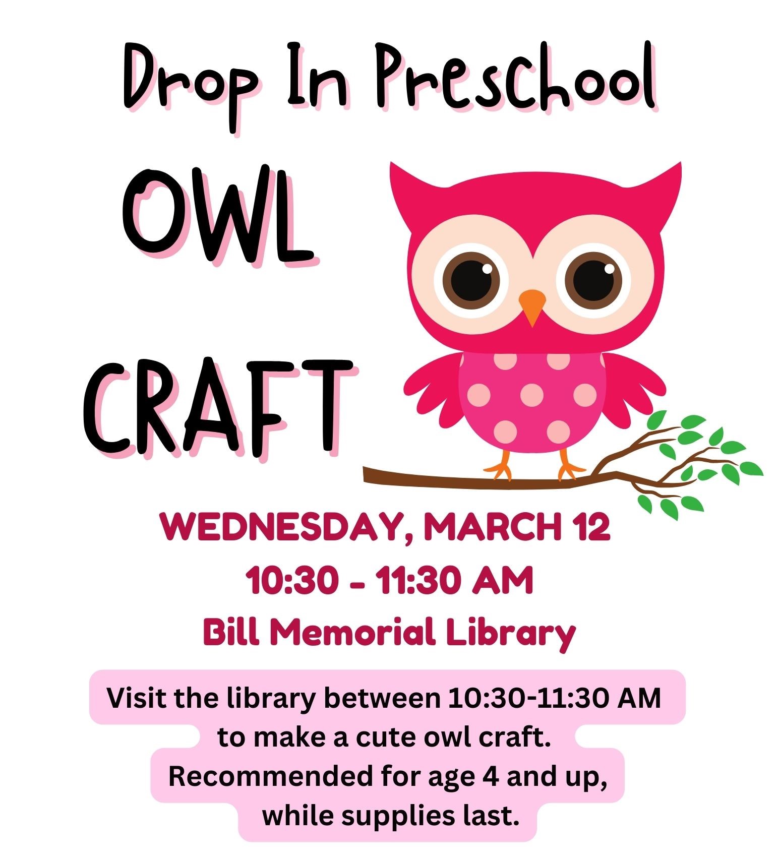 2025 Preschool Owl Craft - BILL MEMORIAL LIBRARY